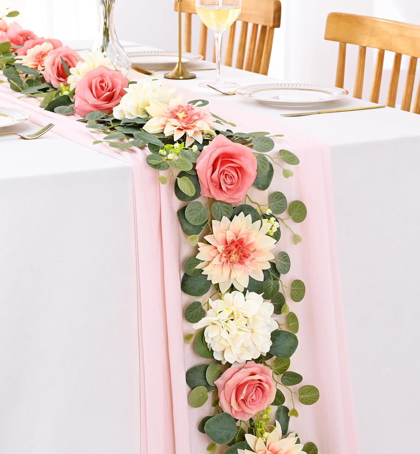 6 Ft Flower Garland with Lights, Pink Rose Floral Garland Fake Flowers ...