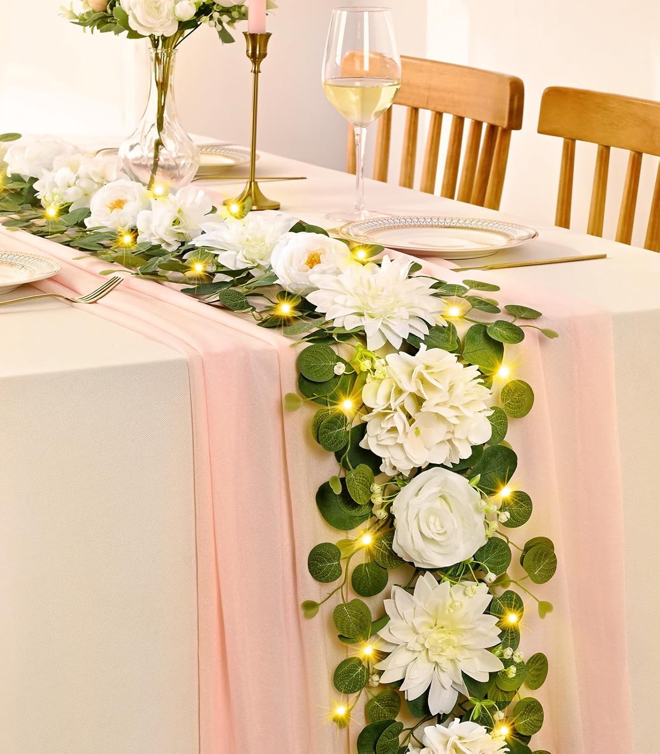 6 Ft Flower Garland with Lights, White Rose Floral Garland Fake Flowers ...