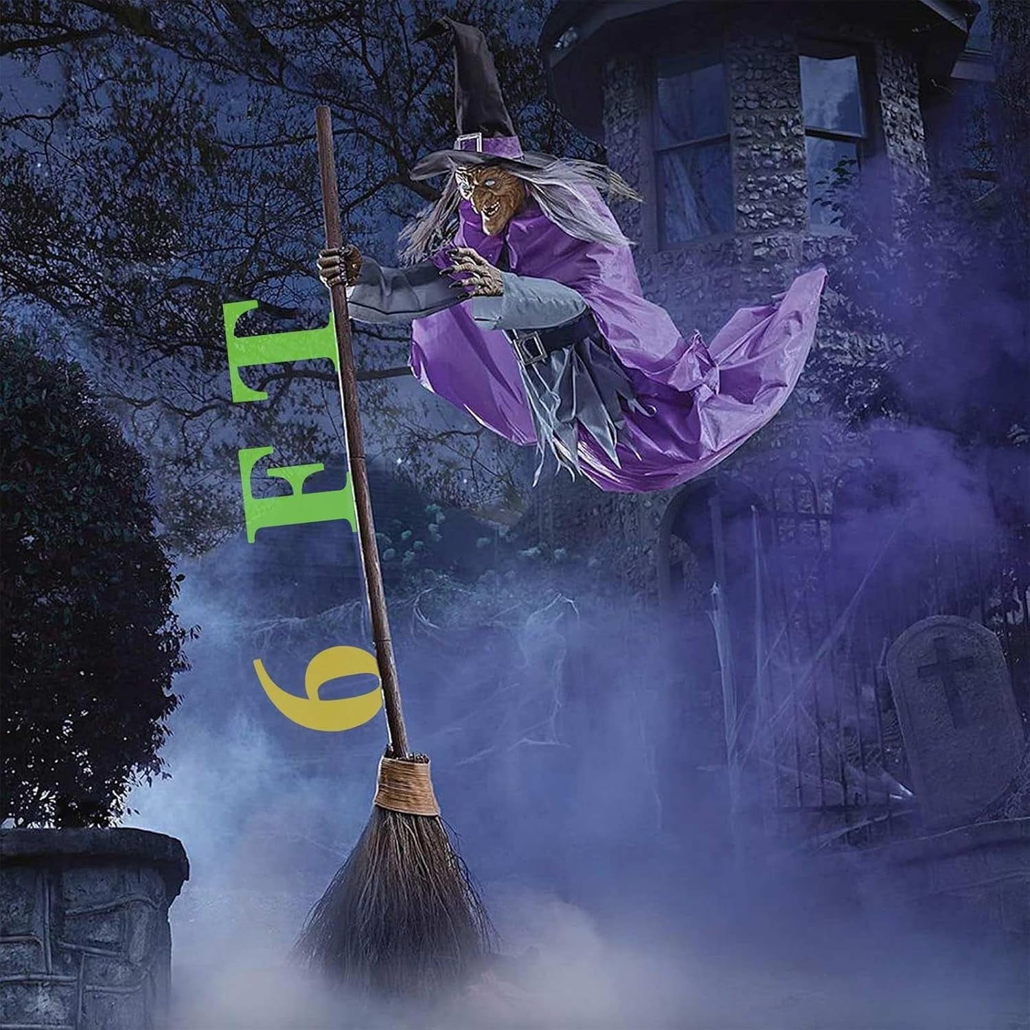 6 Ft Flying Witch Halloween Decor on Broom, Outdoor Animatronics ...