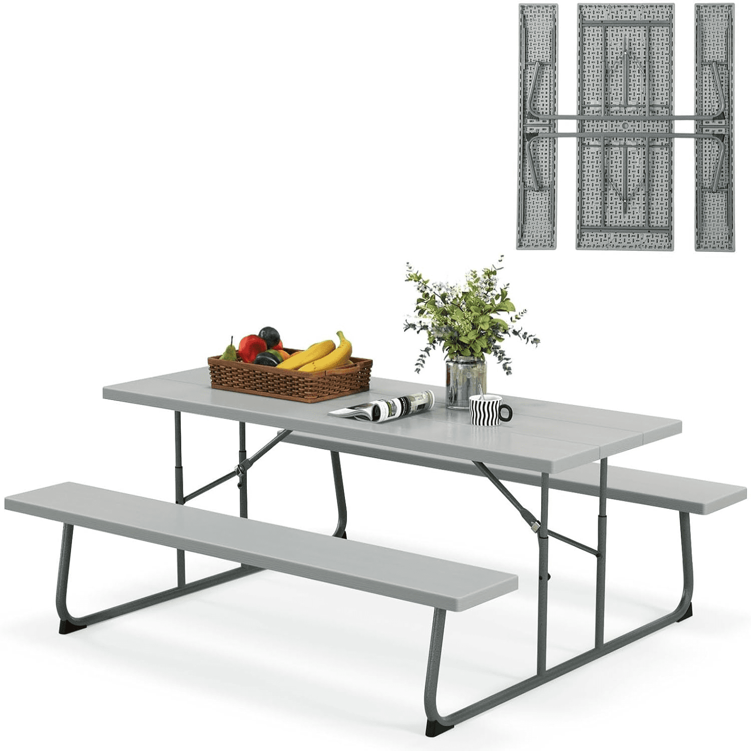 6 Ft Folding Picnic Table Outdoor Picnic Table with 2 Built-in Umbrella ...