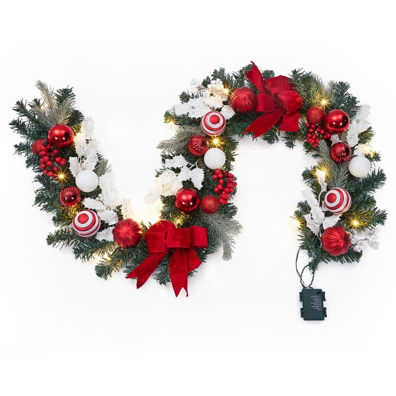 6 Ft Pre-Lit Christmas Garland with Red Bows & 20 LED Lights for Mantle ...