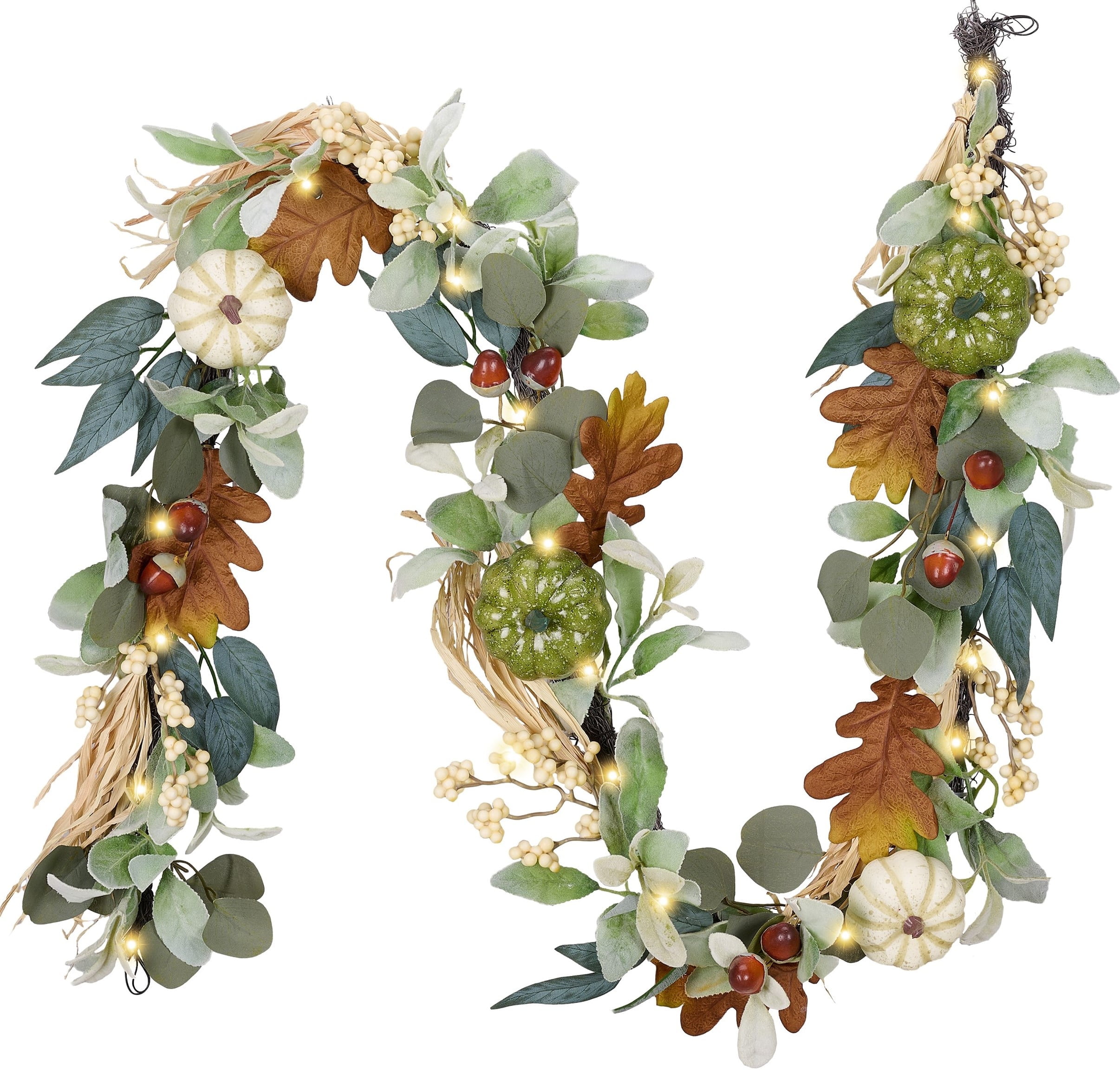 6 Ft Pre-Lit Fall Garland, Lighted Harvest Garland with White and Green ...