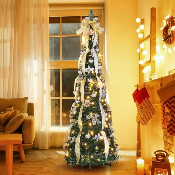 6 Ft Pre-lit Christmas Tree With Lights 180cm Green And Gold No Ribbon ...