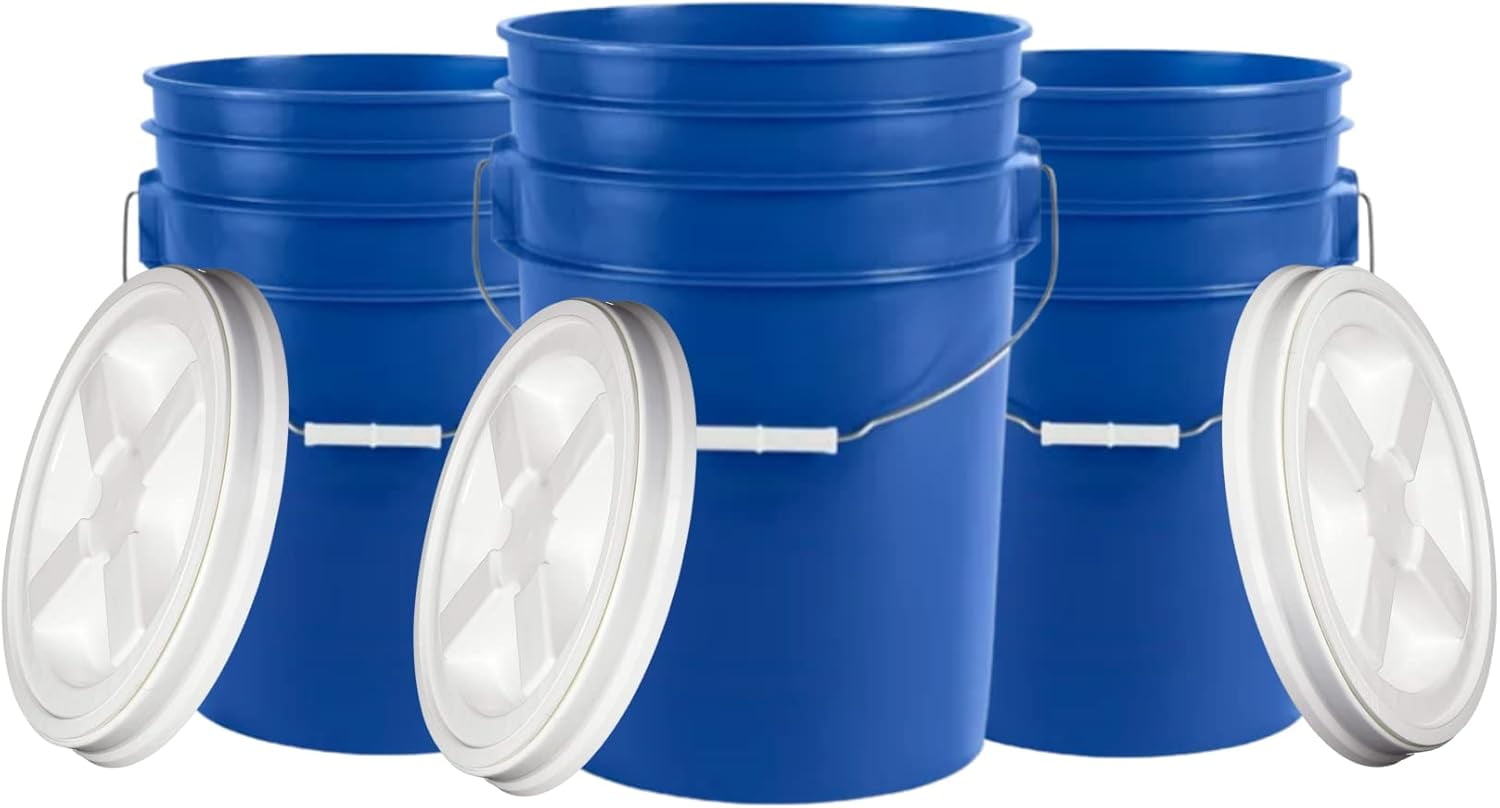 6 Gallon Large Blue Plastic Bucket Pail with Air Tight Screw on Lid ...