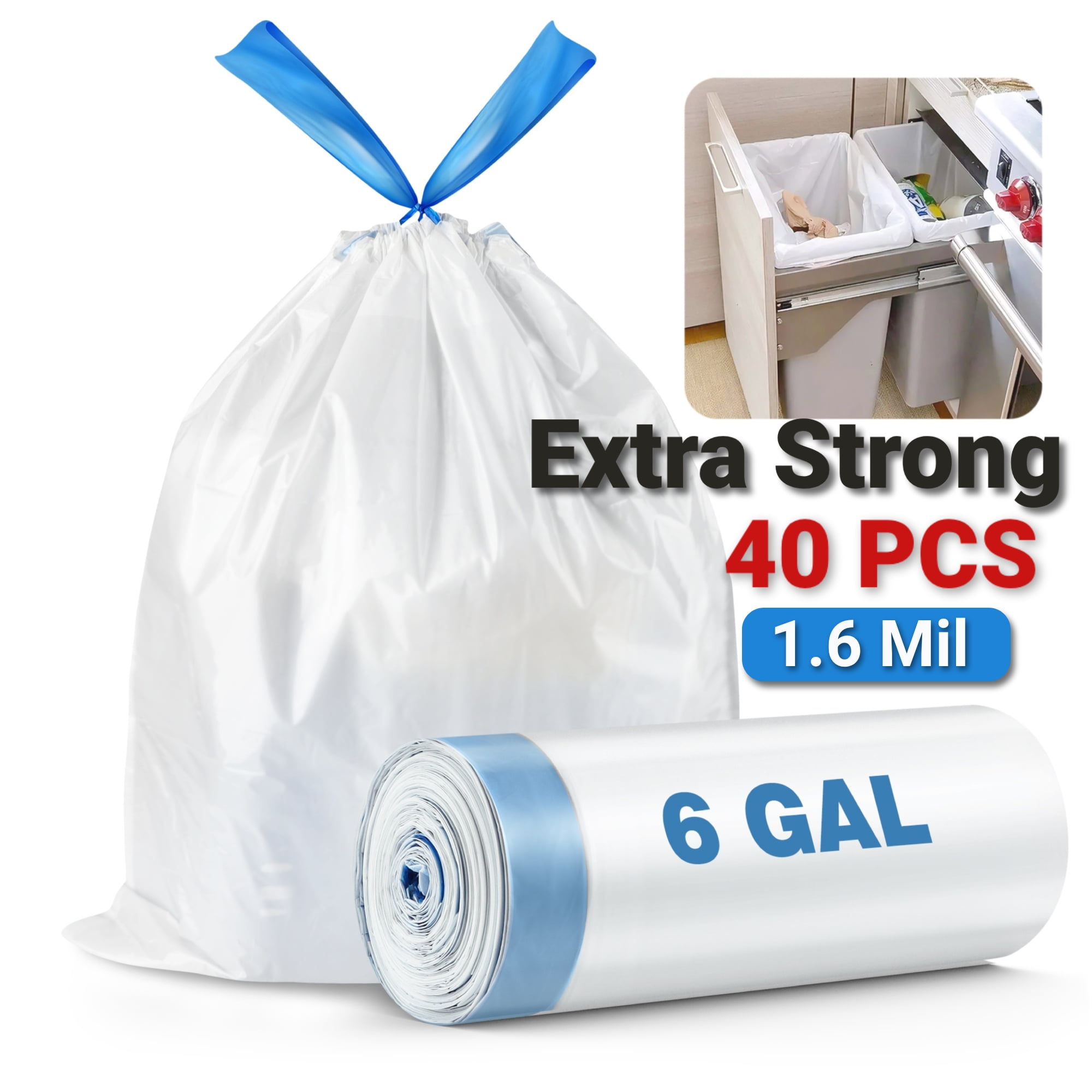 Extra Strong 6 Gallon Trash Bags | 40 Bags | White | Bathroom | Strong ...
