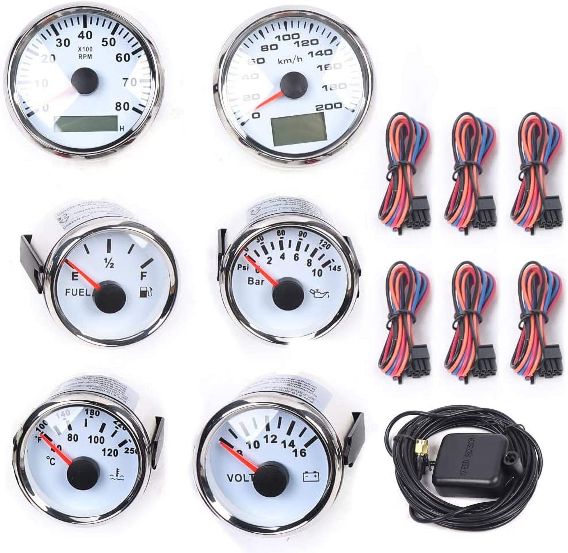 6-Gauge Vehicle Instrument Kit White Face Speedometer, Tachometer, Oil ...