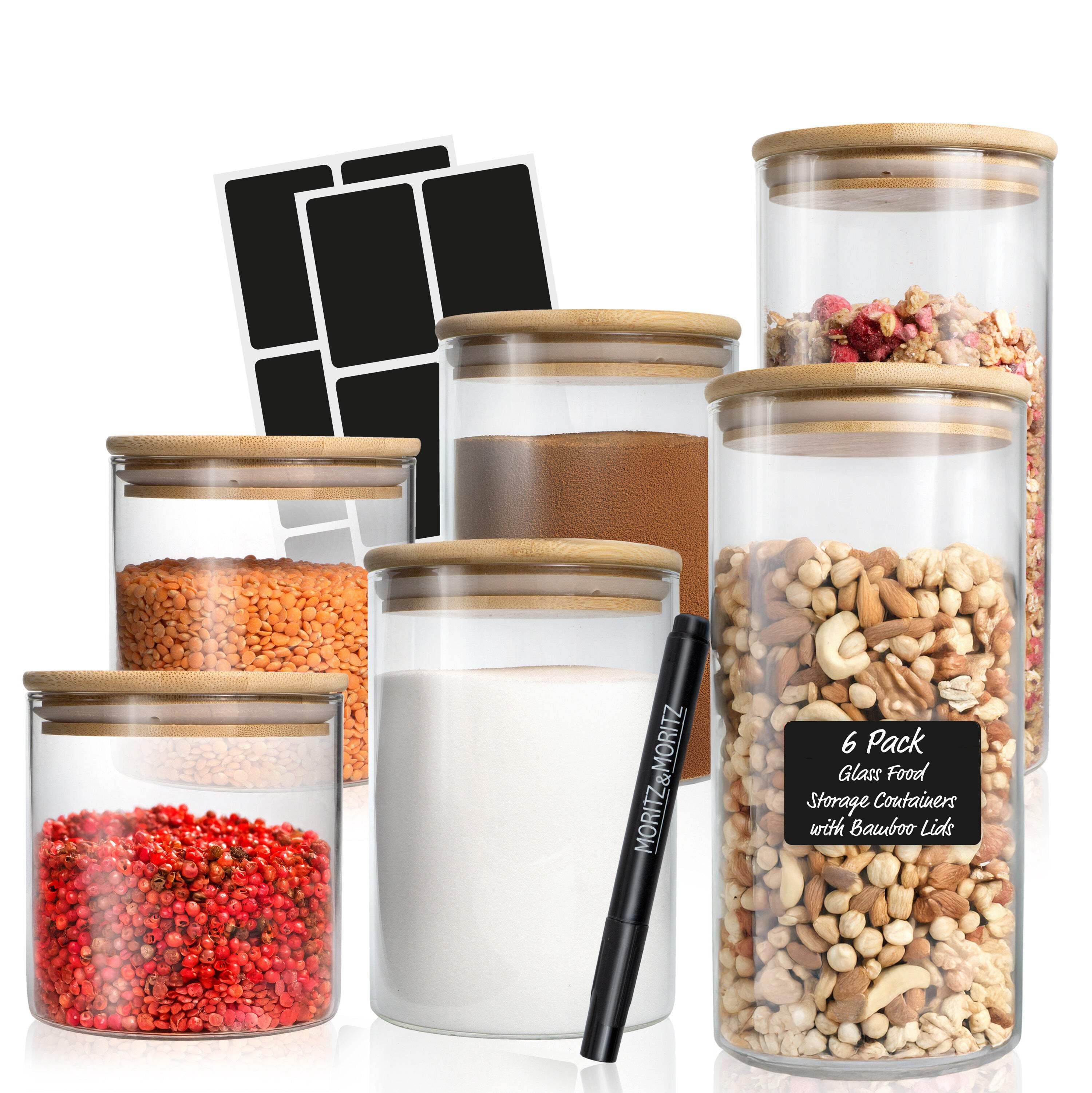 6 Pack Glass Food Storage Jars with Lids, Labels & Chalk Pen | Airtight ...