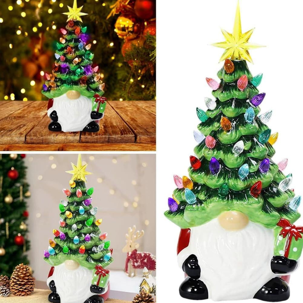 6” Gnome Ceramic Tree, Light up Tabletop Xmas Decor with 60 LED Lights ...