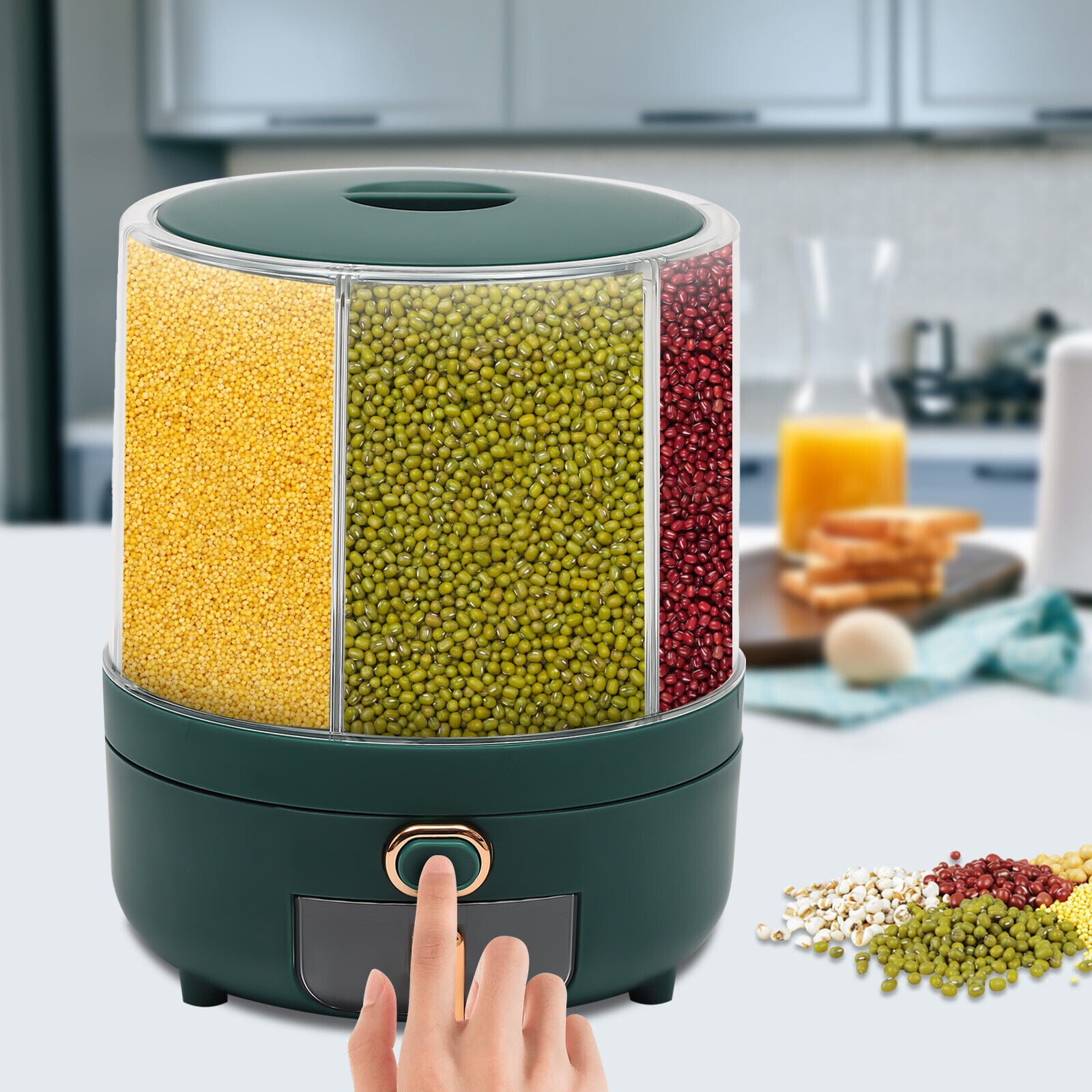 6 Grid Rice Dispenser 360° Rotating Dry Food Bucket Kitchen Grain ...