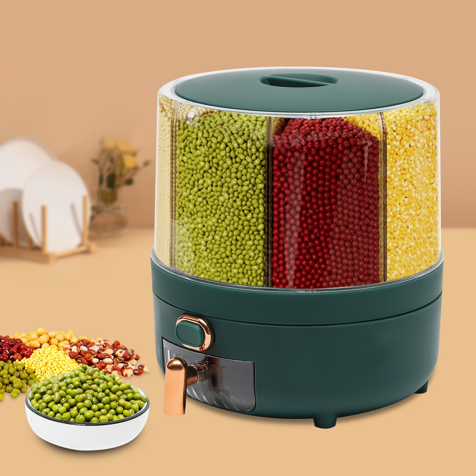 6-Grid Rotating Rice Dispenser Grain Storage Container Dry Food Tank ...