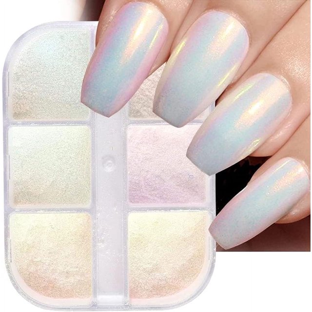 6 Grids Chrome Nail Powder Pearl Shell Holographic Nail Glitter Mirror ...