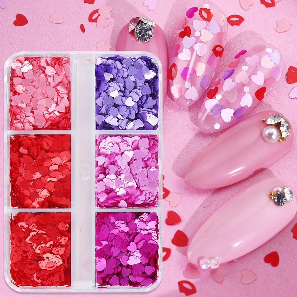 6 Grids Red Heart Glitter Nail Art Sequins, Holographic Heart Shaped ...