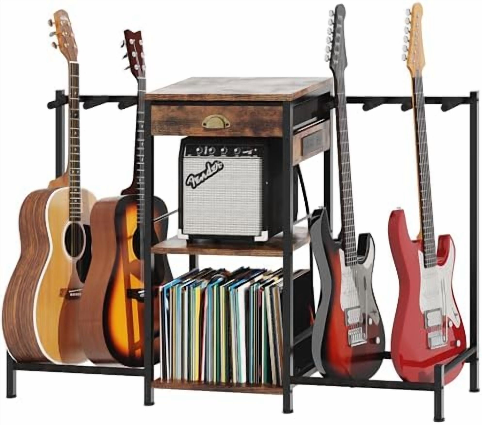 6-Guitar Floor Stand with Charging Station & 3-Tier Storage, Guitar ...