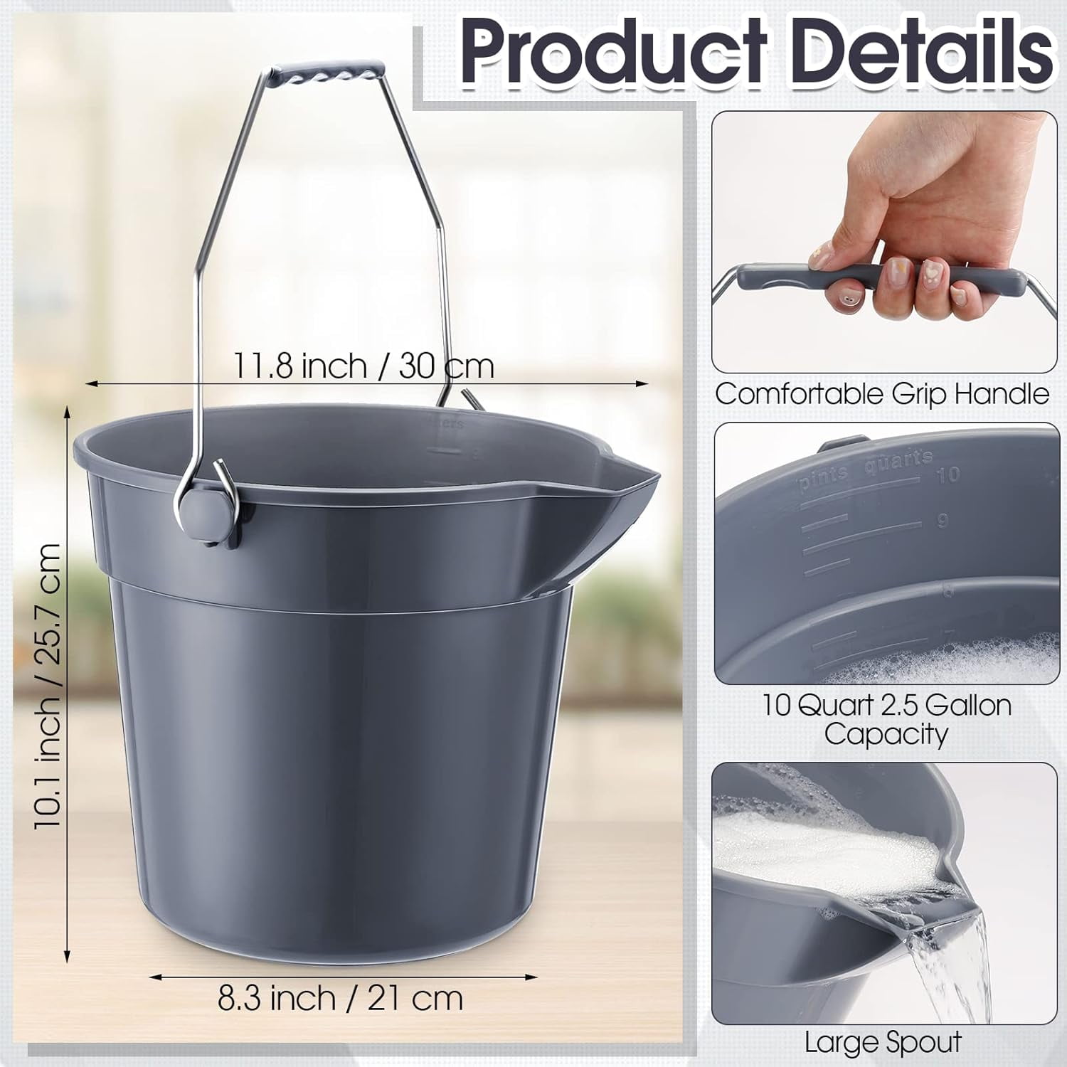 6 Heavy Duty 2.5 Gallon Buckets with Handle and Spout for Cleaning and ...