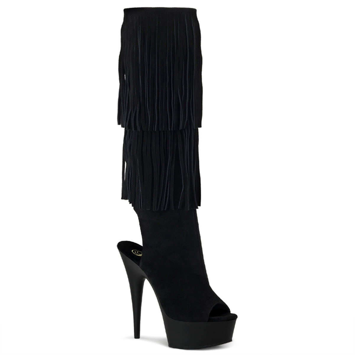 6" Heel, 1 3/4" PF Open Toe/Back Fringed Knee Boot - Blk Suded/Blk ...