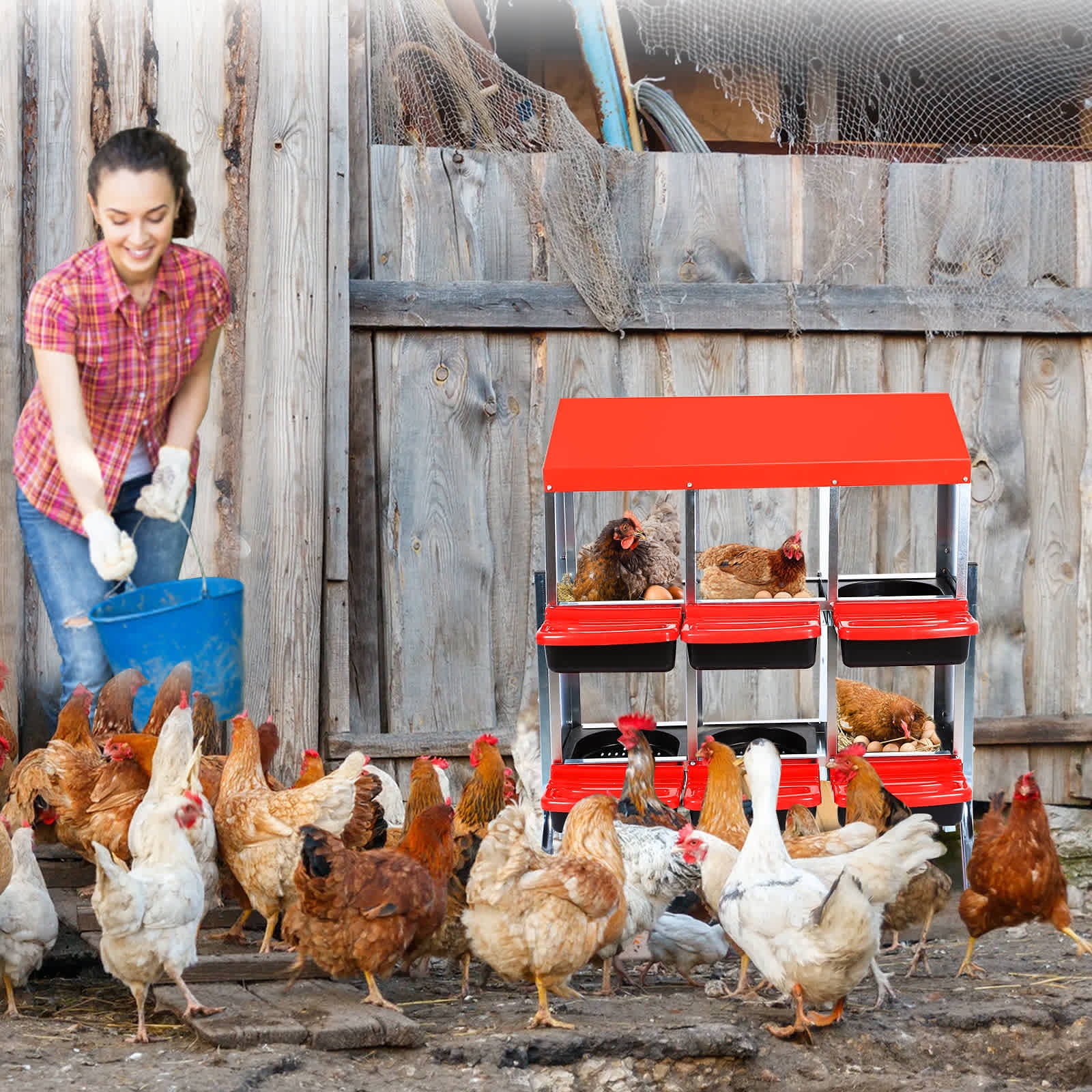 6-Hole Red With Stand Metal Chicken Nesting Box with Stand - Heavy Duty ...