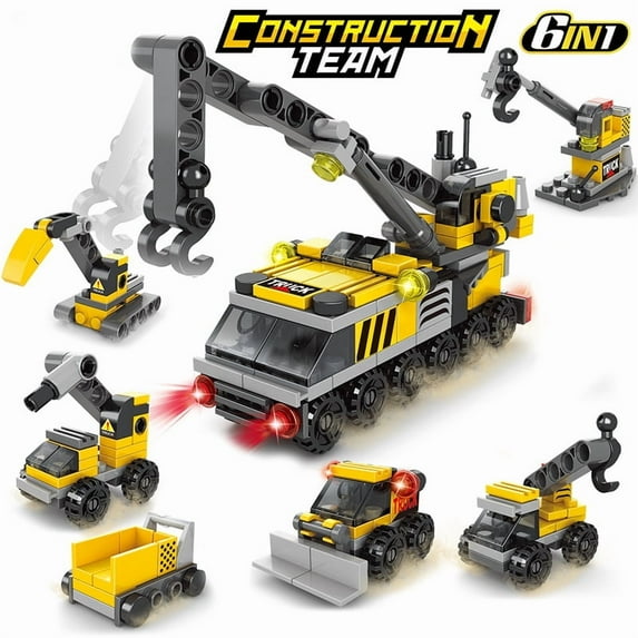 6 IN 1 DIY City Construction Team Truck Crane Forklift Small Size ...