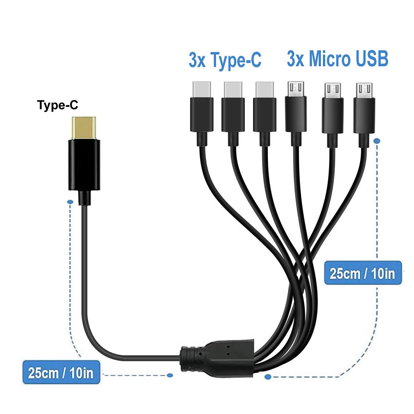 6 In 1 Micro USB/Type C Splitter Cable 3 in 1 USB to Micro USB/Type C ...