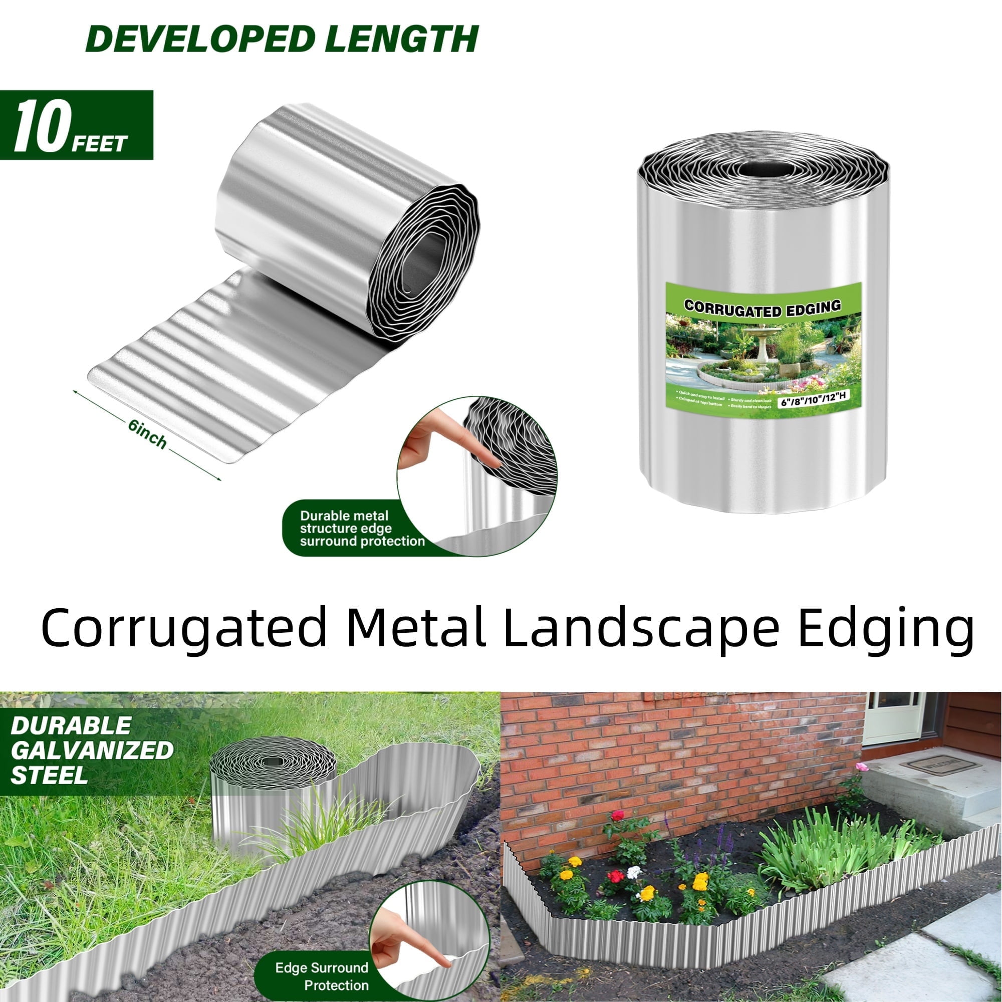 6 Inch 10 FT Garden Landscape Edging Border Galvanized Sturdy Metal ...