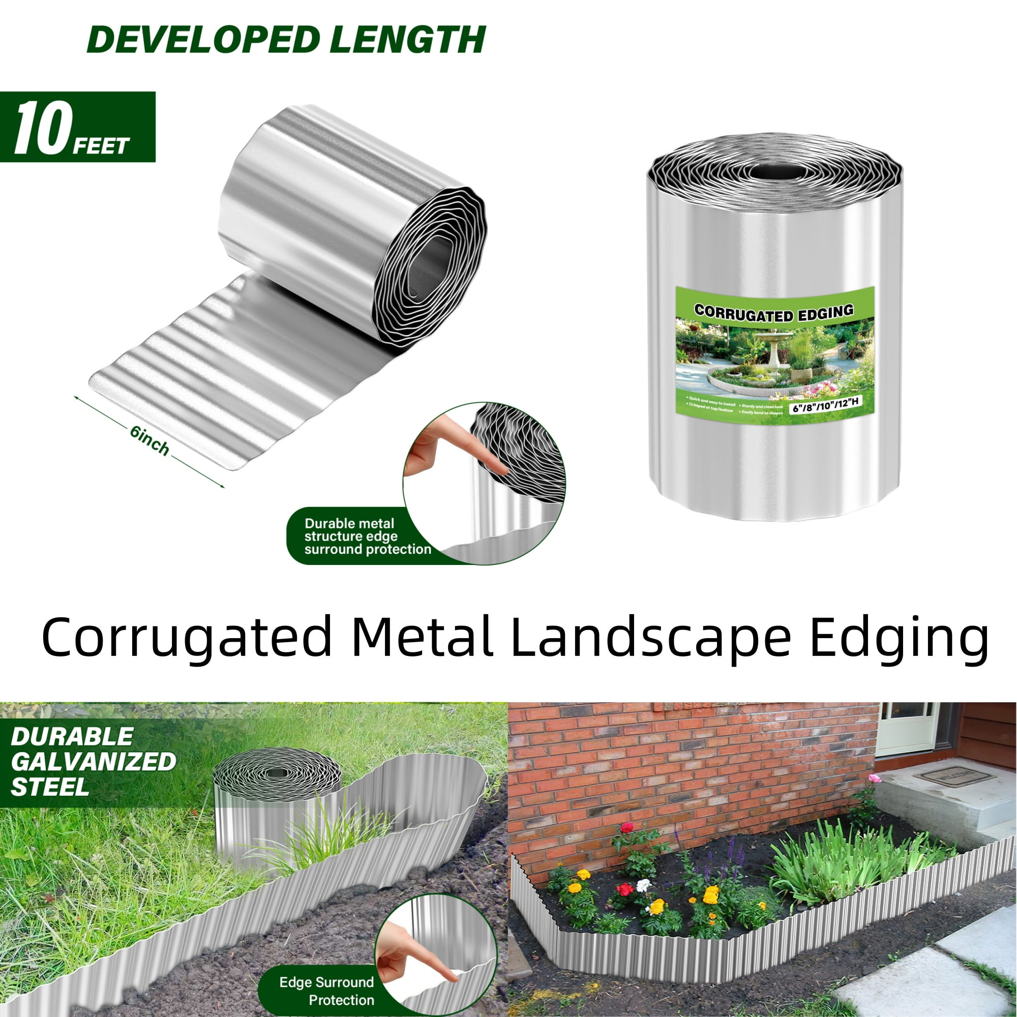 6 Inch 10 FT Garden Landscape Edging Border Galvanized Sturdy Metal ...
