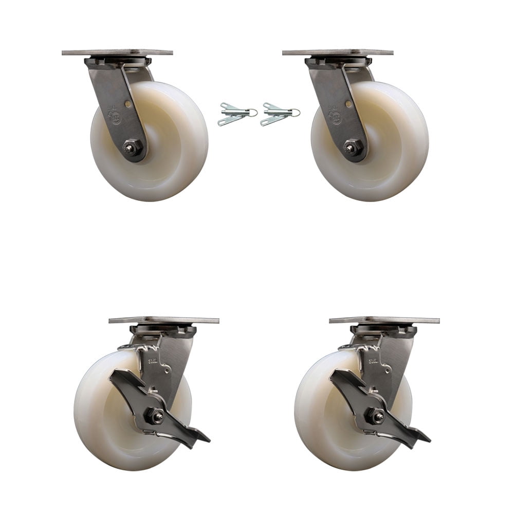 6 Inch 316 Stainless Steel Nylon Caster Set w/Roller Bearing 2 Swvl ...