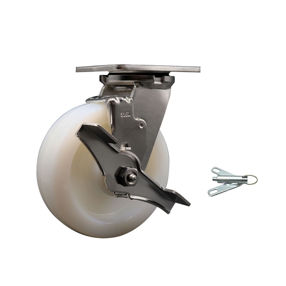 6 Inch 316 Stainless Steel Nylon Caster w/Roller Bearing & Brake/Swivel ...