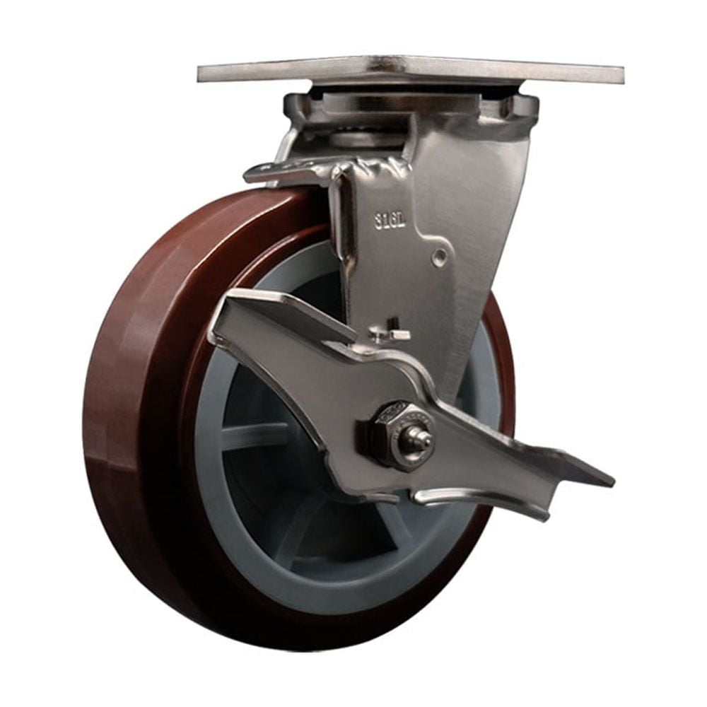 6 Inch 316 Stainless Steel Polyurethane Swivel Caster w/Delrin Bearing ...