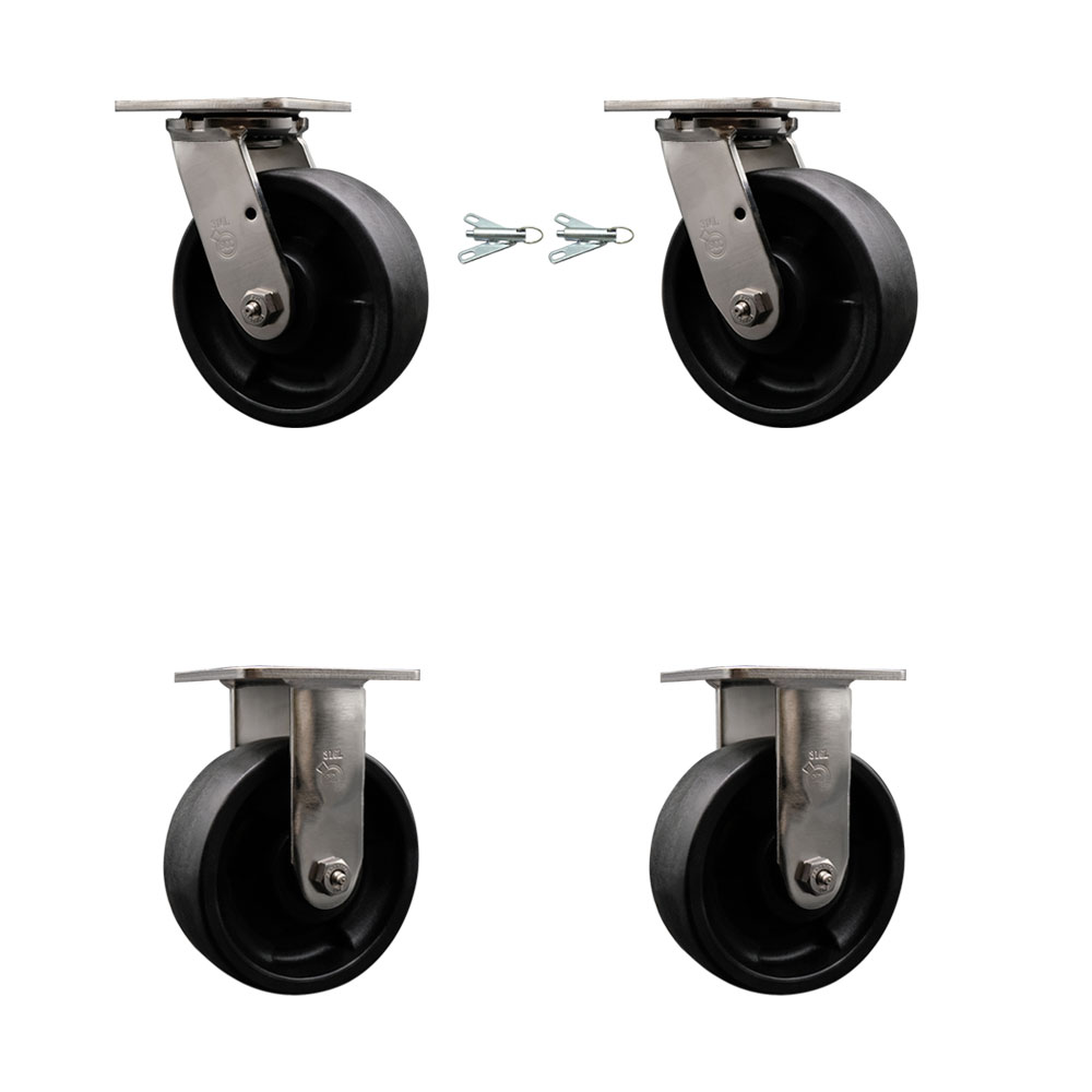 6 Inch 316SS Glass Filled Nylon Caster Set w/Ball Bearings 2 Swivel ...