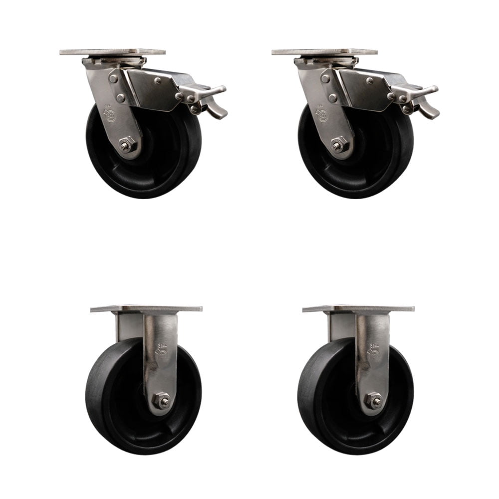 6 Inch 316SS Glass Filled Nylon Caster Set w/Delrin Bearing 2 Brakes 2 ...