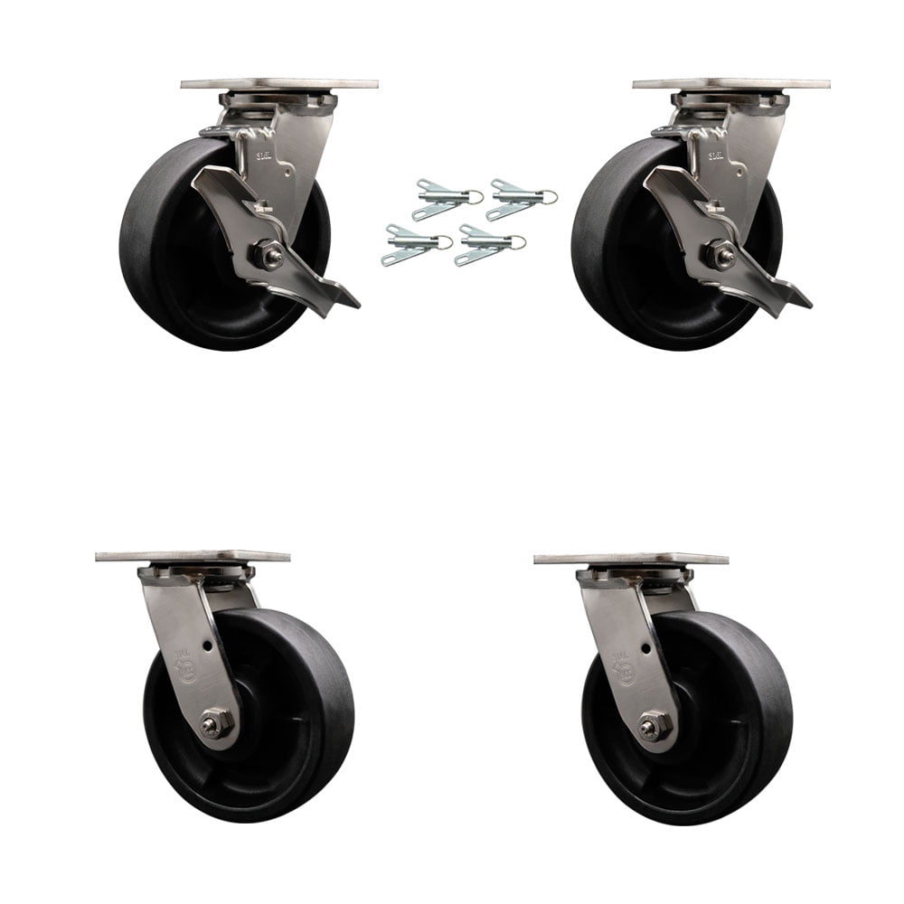 6 Inch 316SS Glass Filled Nylon Caster Set w/Roller Bearing 4 Swivel ...