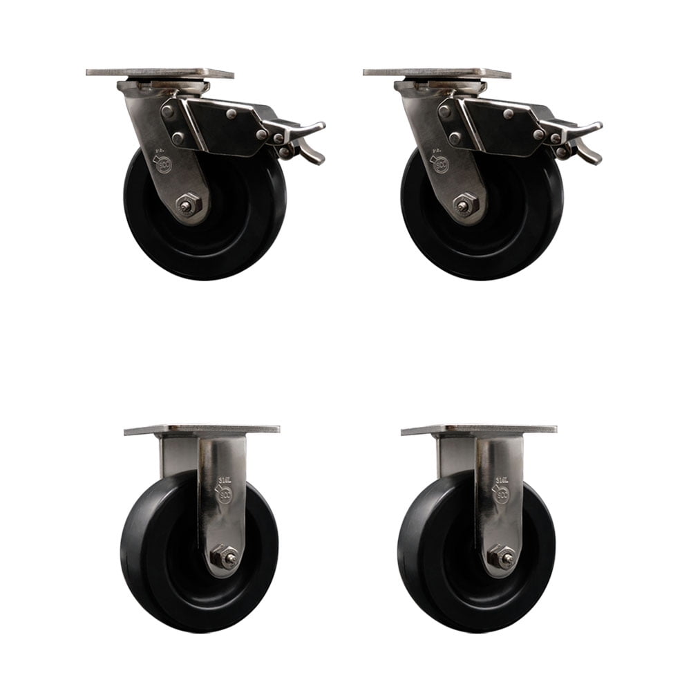 6 Inch 316SS Polyolefin Caster Set with Ball Bearings 2 Brakes 2 Rigid ...