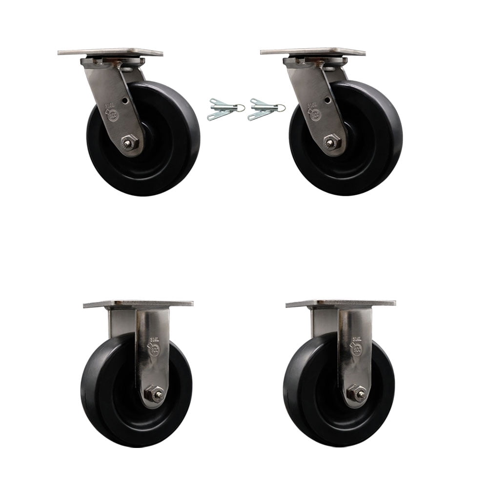 6 Inch 316SS Polyolefin Caster Set with Roller Bearings 2 Swivel Locks ...