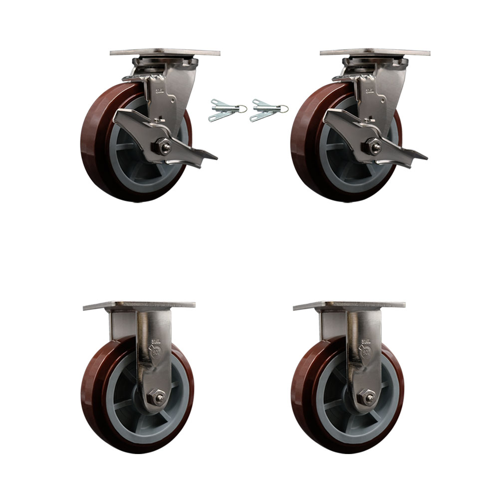 6 Inch 316SS Polyurethane Caster Set with 2 Brakes/Swivel Locks 2 Rigid ...