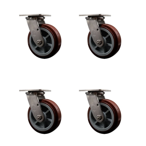 6 Inch 316SS Polyurethane Wheel Swivel Caster Set with Ball Bearings ...