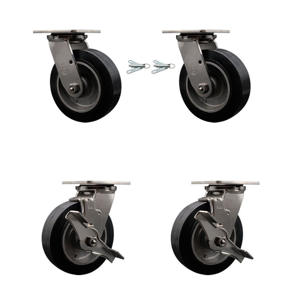 6 Inch 316SS Rubber on Aluminum Caster Set w/Delrin Bearing 2 Swivel ...