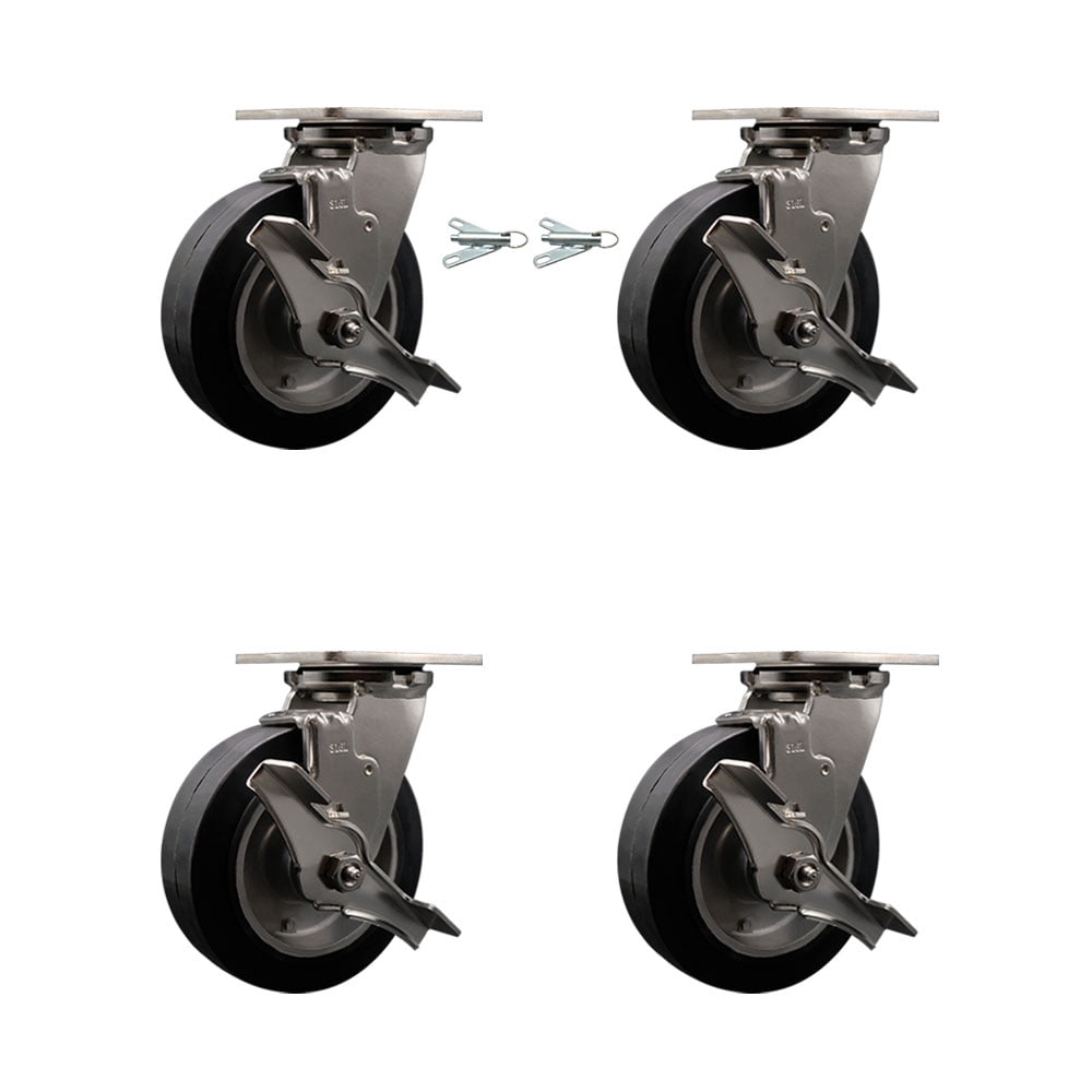 6 Inch 316SS Rubber on Aluminum Caster Set w/Delrin Bearing 4 Brake 2 ...