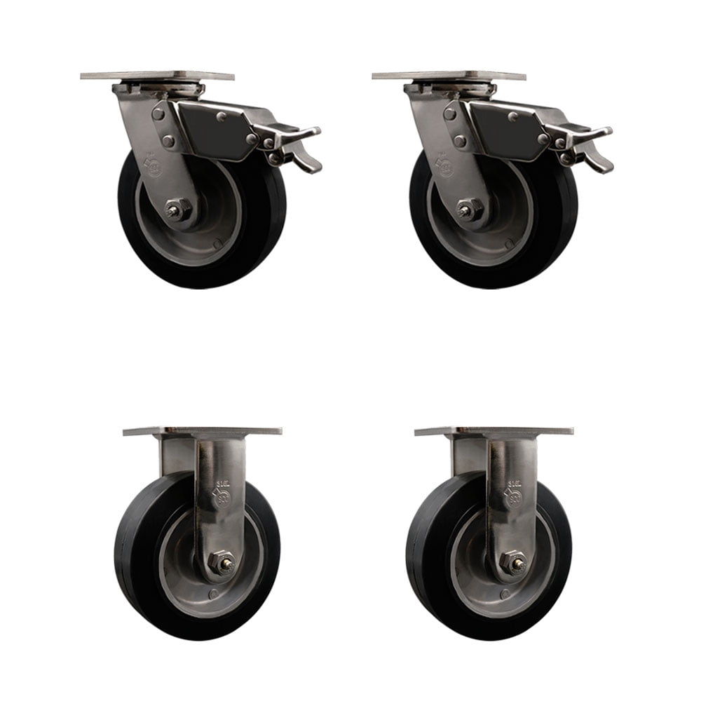 6 Inch 316SS Rubber on Aluminum Caster Set w/Delrin Bearings 2 Brake 2 ...