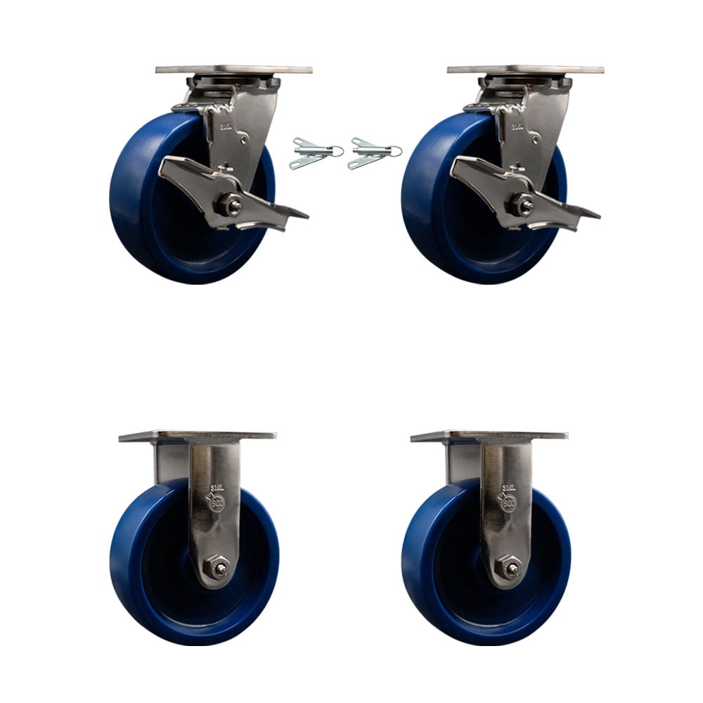 6 Inch 316SS Solid Poly Caster Set with 2 Brakes/Swivel Locks 2 Rigid ...