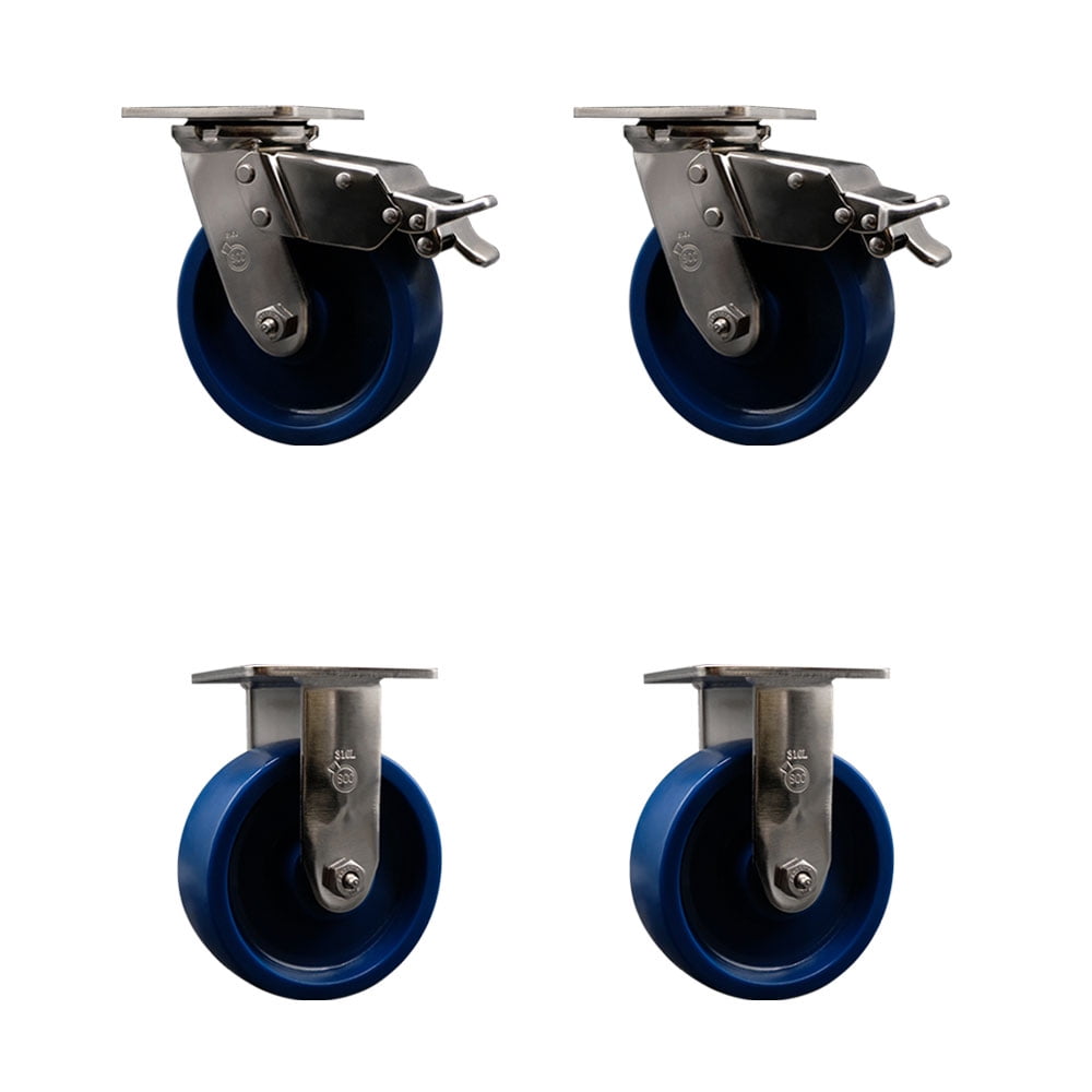 6 Inch 316SS Solid Poly Caster Set with Ball Bearings 2 Brakes 2 Rigid ...