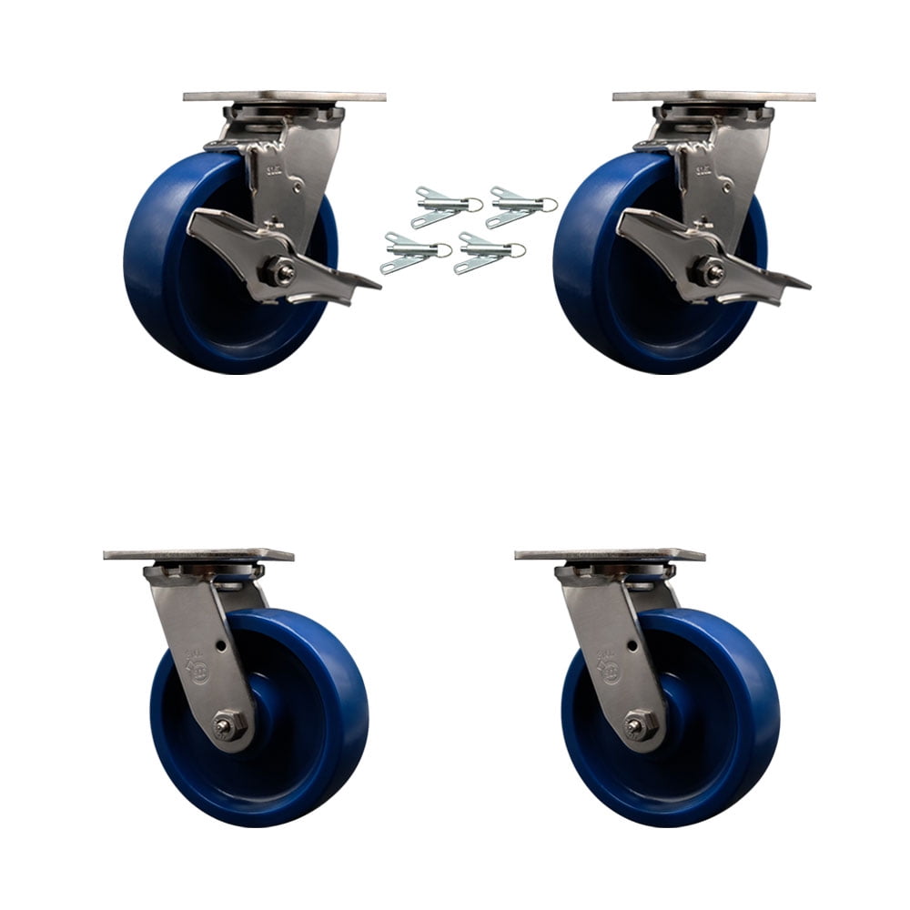 6 Inch 316SS Solid Poly Caster Set with Delrin Bearings 4 Swivel Locks ...