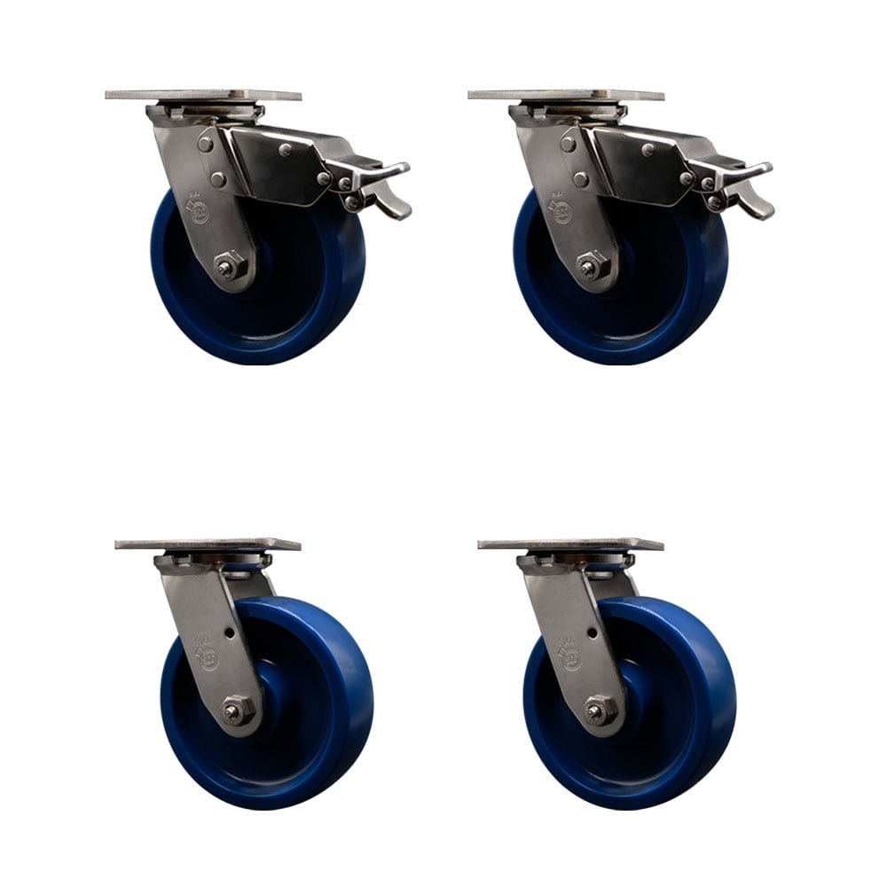 6 Inch 316SS Solid Poly Swivel Caster Set with Delrin Bearings 2 Brakes ...