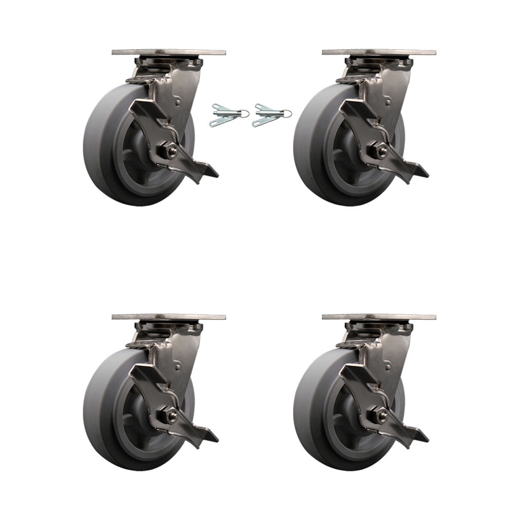 6 Inch 316SS Thermo Flat Tread Caster Set w/Delrin Bearings 4 Brakes 2 ...