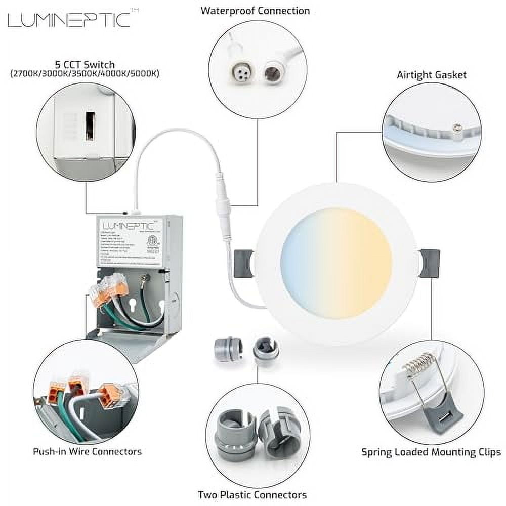 6 Inch 5CCT Dimmable Slim Recessed LED Pot Lights, Selectable Colors ...