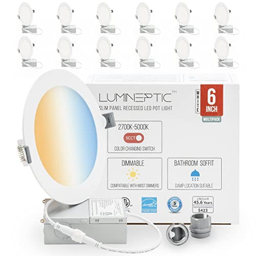 6 Inch 5CCT Dimmable Slim Recessed LED Pot Lights, Selectable Colors ...