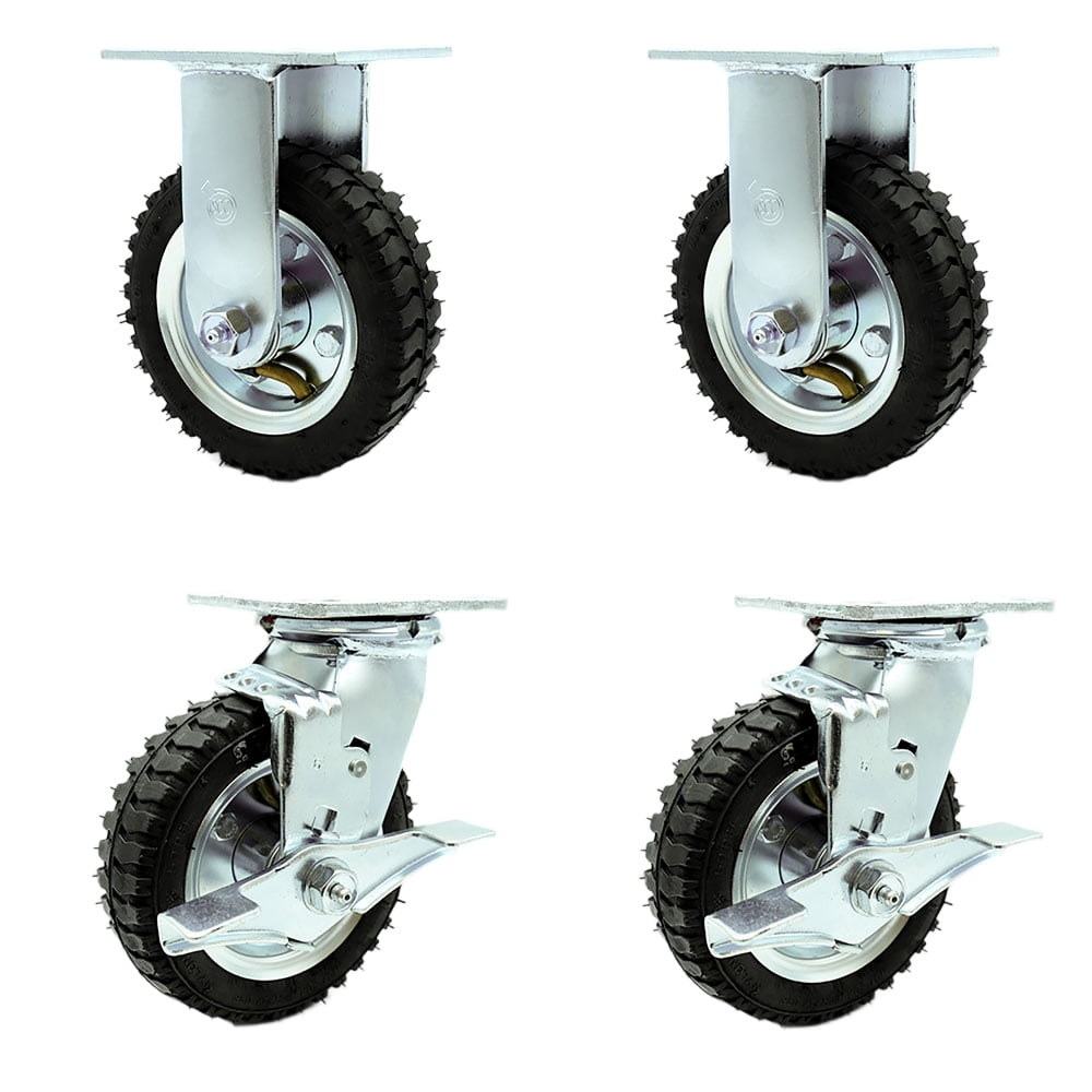 6 Inch Black Pneumatic Wheel Caster Set 2 Swivel with Brakes and 2 ...