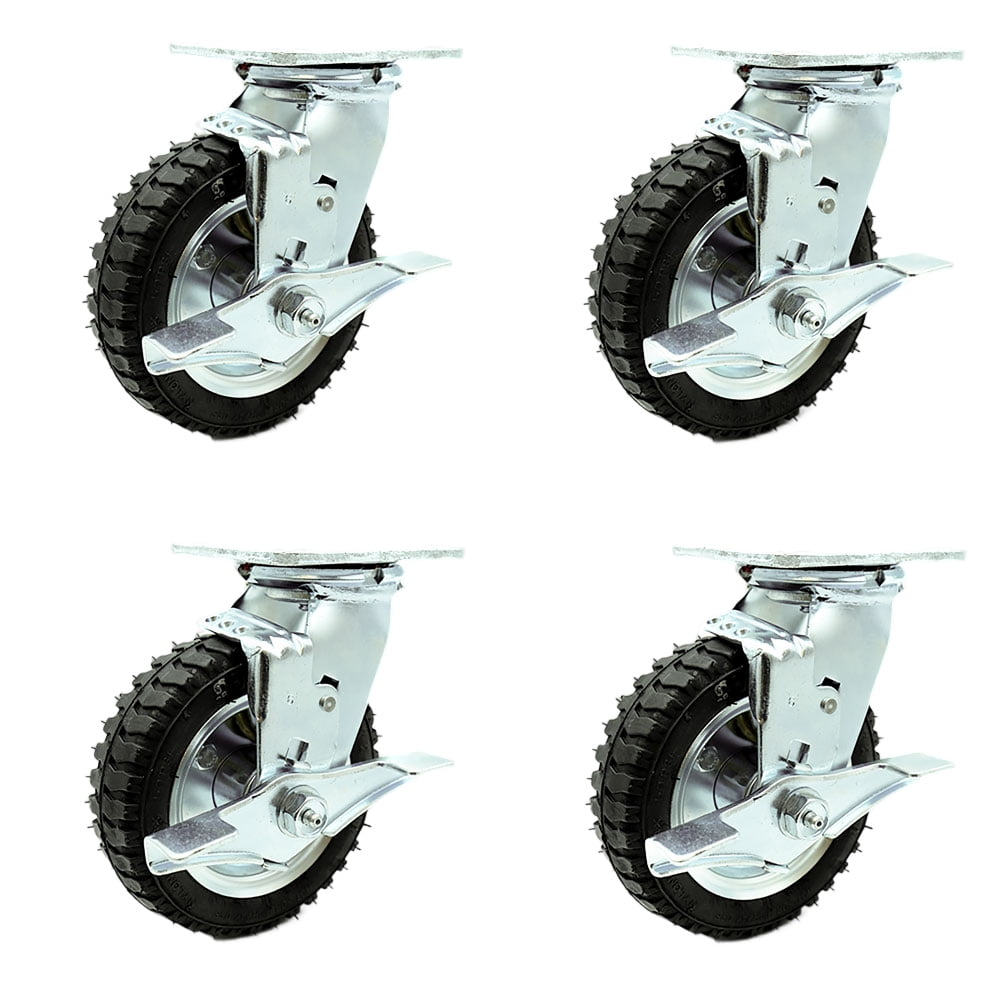 6 Inch Black Pneumatic Wheel Swivel Casters with Brakes Set Service ...