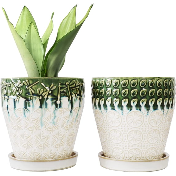 6 Inch Ceramic Planter Pots with Drainage Holes, Saucers and Mesh Pads ...