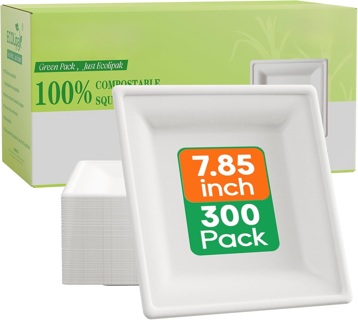 6 Inch Compostable Square Paper Plates, 300 Count Heavy Duty White ...