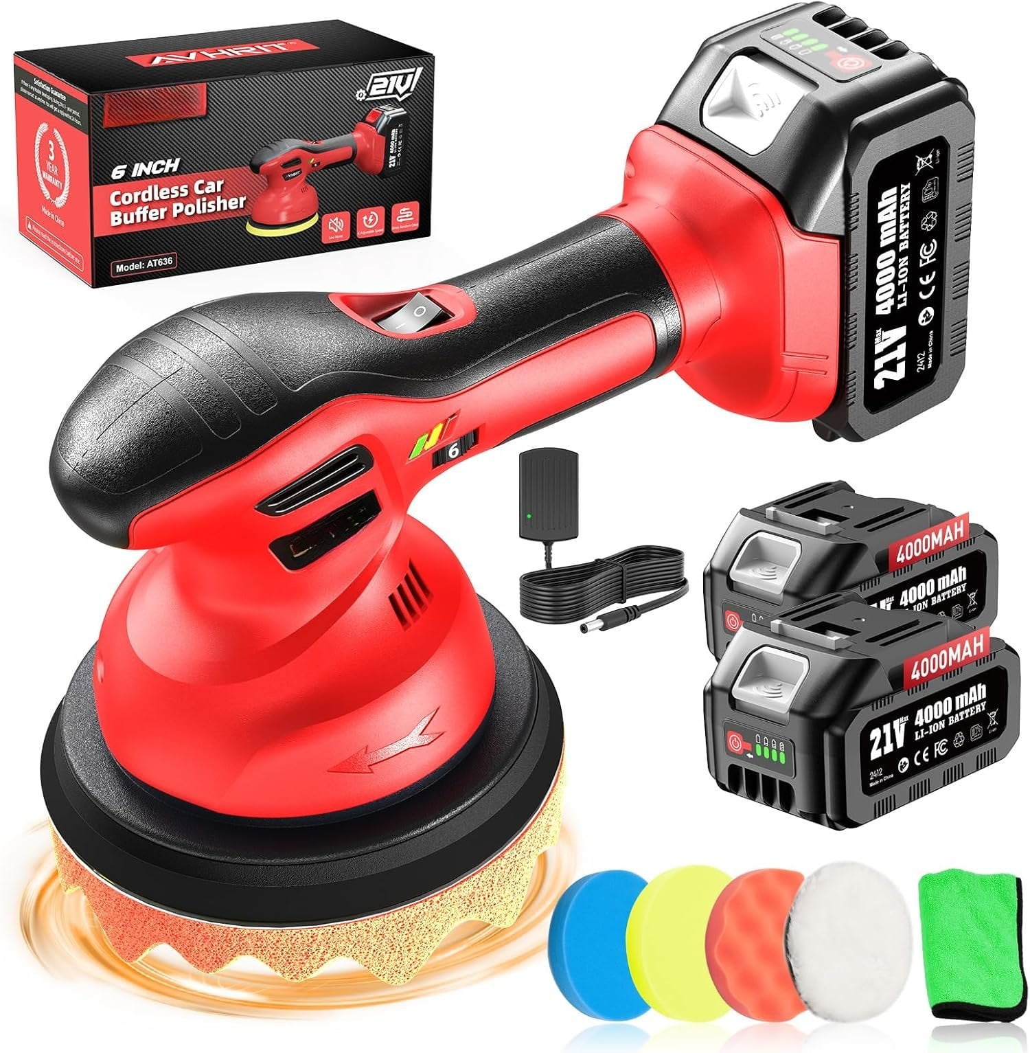6 Inch Cordless Buffer Polisher: 2x4000mAh Buffer, Waxer Kit with 8 mm ...