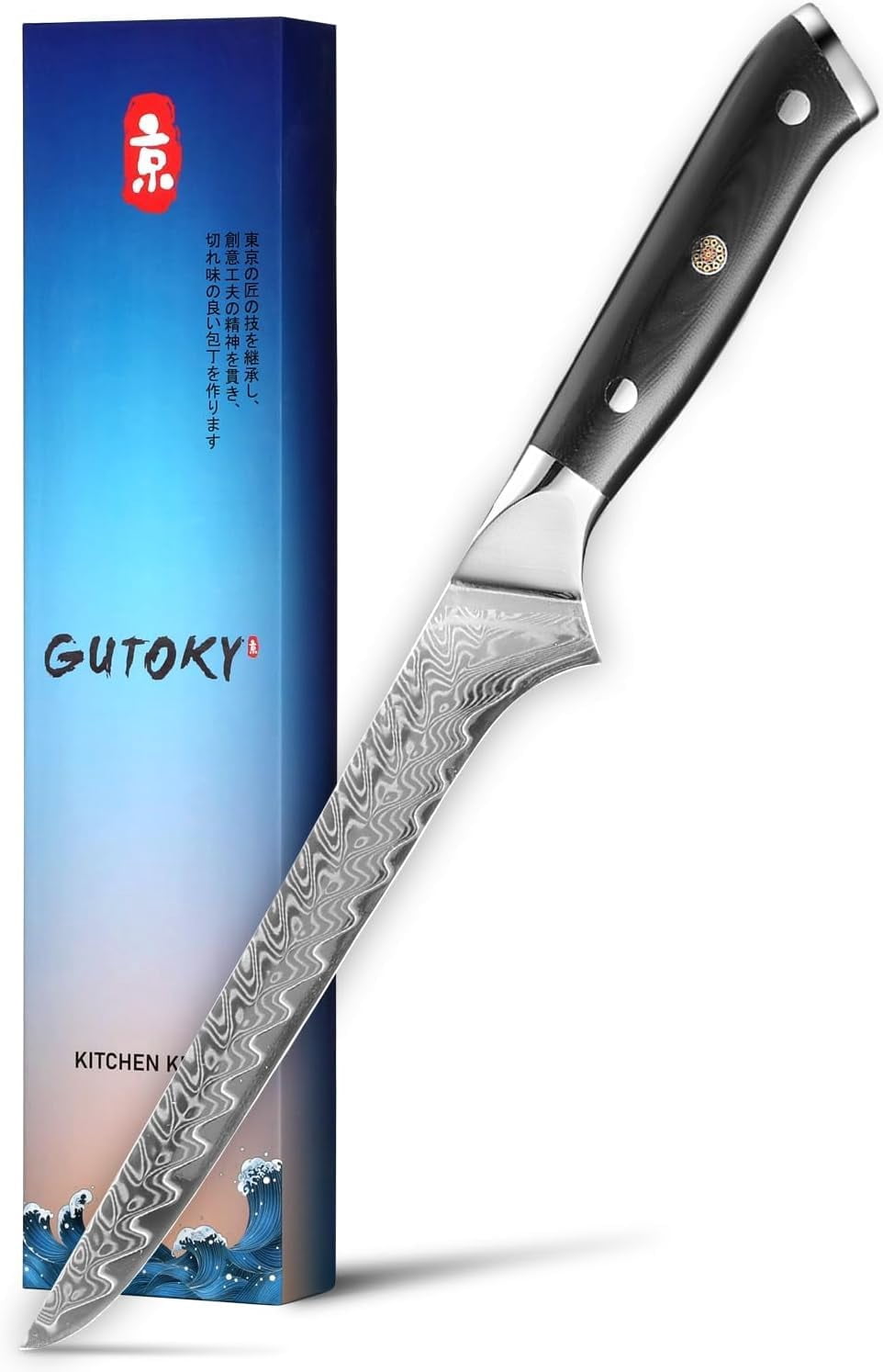 6 Inch Damascus Boning Knife, Feather Pattern Blade with G10 Handle ...